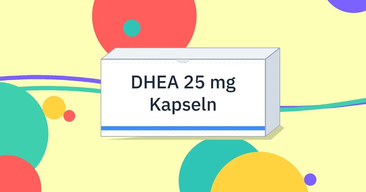 Symbolbild: Packung mit der Aufschrift DHEA 25 mg Kapseln (PZN 18907137) – Verfügbarkeit und Bezug in Apotheken in Frankfurt am Main