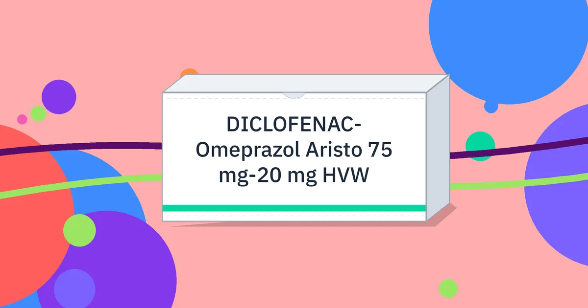 Symbolbild: Packung mit der Aufschrift DICLOFENAC-Omeprazol Aristo 75 mg-20 mg HVW (PZN 15417289) – Verfügbarkeit und Bezug in Apotheken in Frankfurt am Main