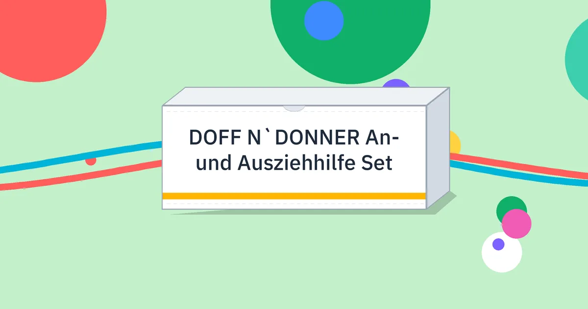 Symbolbild: Packung mit der Aufschrift DOFF N`DONNER An- und Ausziehhilfe Set (PZN 19695418) – Verfügbarkeit und Bezug in Apotheken in Frankfurt am Main
