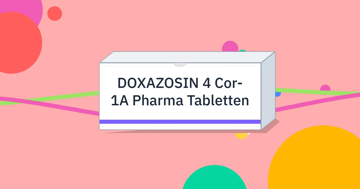 Symbolbild: Packung mit der Aufschrift DOXAZOSIN 4 Cor-1A Pharma Tabletten (PZN 02213579) – Verfügbarkeit und Bezug in Apotheken in Frankfurt am Main