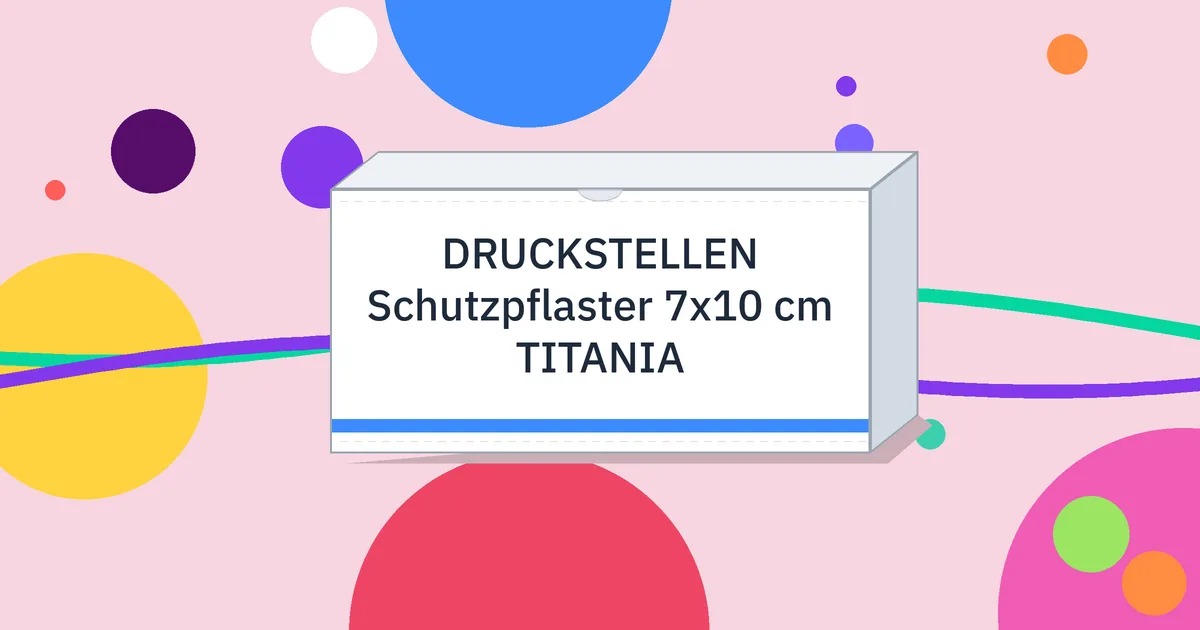 Symbolbild: Packung mit der Aufschrift DRUCKSTELLEN Schutzpflaster 7x10 cm TITANIA (PZN 17945006) – Verfügbarkeit und Bezug in Apotheken in Frankfurt am Main