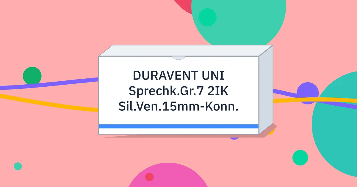 Symbolbild: Packung mit der Aufschrift DURAVENT UNI Sprechk.Gr.7 2IK Sil.Ven.15mm-Konn. (PZN 02082048) – Verfügbarkeit und Bezug in Apotheken in Frankfurt am Main