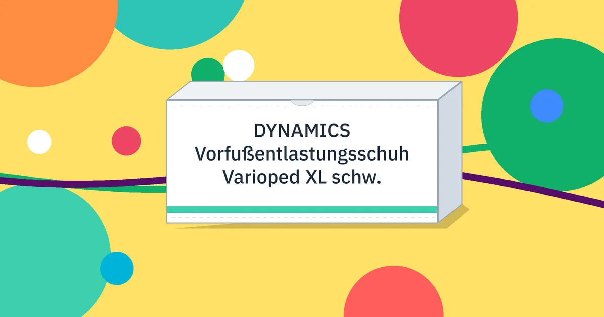 Symbolbild: Packung mit der Aufschrift DYNAMICS Vorfußentlastungsschuh Varioped XL schw. (PZN 10635857) – Verfügbarkeit und Bezug in Apotheken in Frankfurt am Main