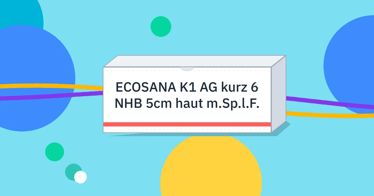 Symbolbild: Packung mit der Aufschrift ECOSANA K1 AG kurz 6 NHB 5cm haut m.Sp.l.F. (PZN 04730178) – Verfügbarkeit und Bezug in Apotheken in Frankfurt am Main