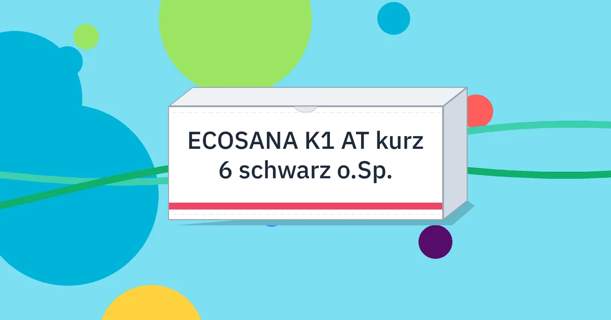 Symbolbild: Packung mit der Aufschrift ECOSANA K1 AT kurz 6 schwarz o.Sp. (PZN 04732131) – Verfügbarkeit und Bezug in Apotheken in Frankfurt am Main