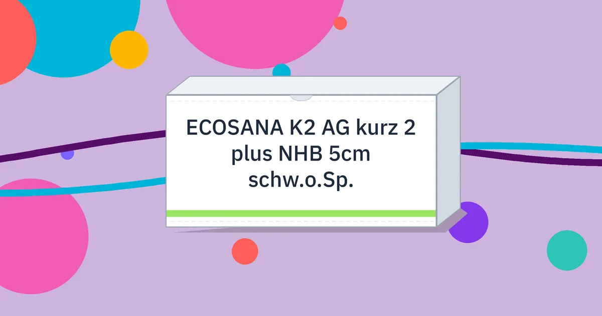 Symbolbild: Packung mit der Aufschrift ECOSANA K2 AG kurz 2 plus NHB 5cm schw.o.Sp. (PZN 01387521) – Verfügbarkeit und Bezug in Apotheken in Frankfurt am Main