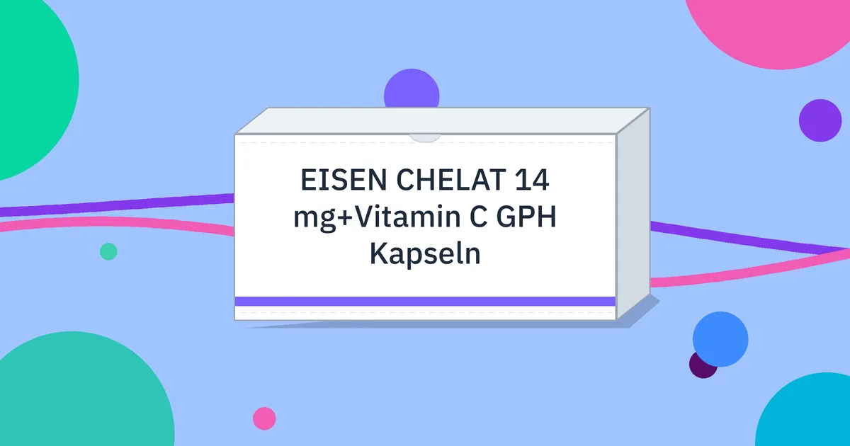 Symbolbild: Packung mit der Aufschrift EISEN CHELAT 14 mg+Vitamin C GPH Kapseln (PZN 10082588) – Verfügbarkeit und Bezug in Apotheken in Frankfurt am Main