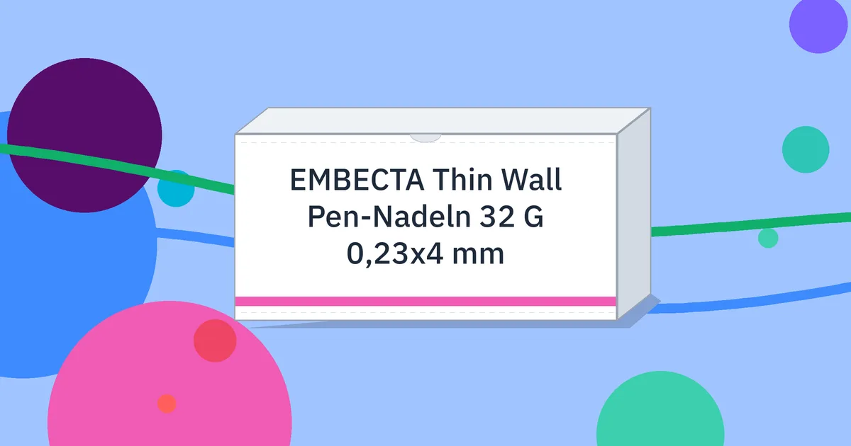 Symbolbild: Packung mit der Aufschrift EMBECTA Thin Wall Pen-Nadeln 32 G 0,23x4 mm (PZN 20612780) – Verfügbarkeit und Bezug in Apotheken in Frankfurt am Main