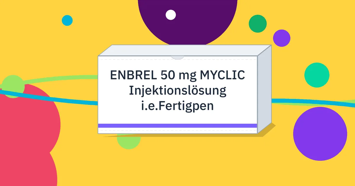Symbolbild: Packung mit der Aufschrift ENBREL 50 mg MYCLIC Injektionslösung i.e.Fertigpen (PZN 13243773) – Verfügbarkeit und Bezug in Apotheken in Frankfurt am Main