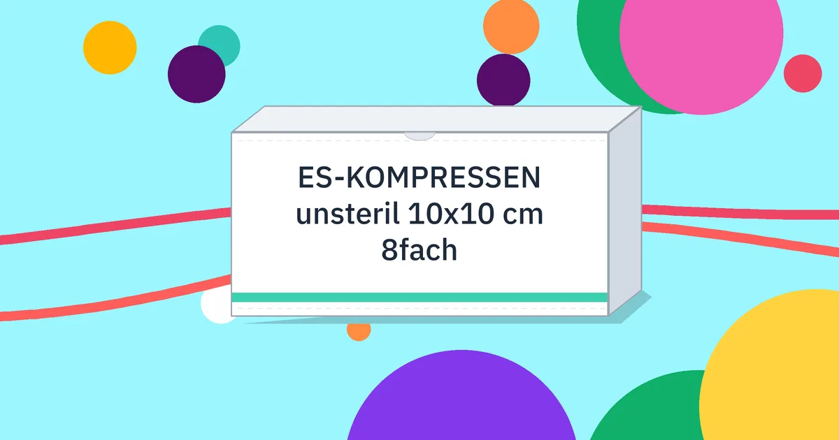 Symbolbild: Packung mit der Aufschrift ES-KOMPRESSEN unsteril 10x10 cm 8fach (PZN 18427733) – Verfügbarkeit und Bezug in Apotheken in Frankfurt am Main