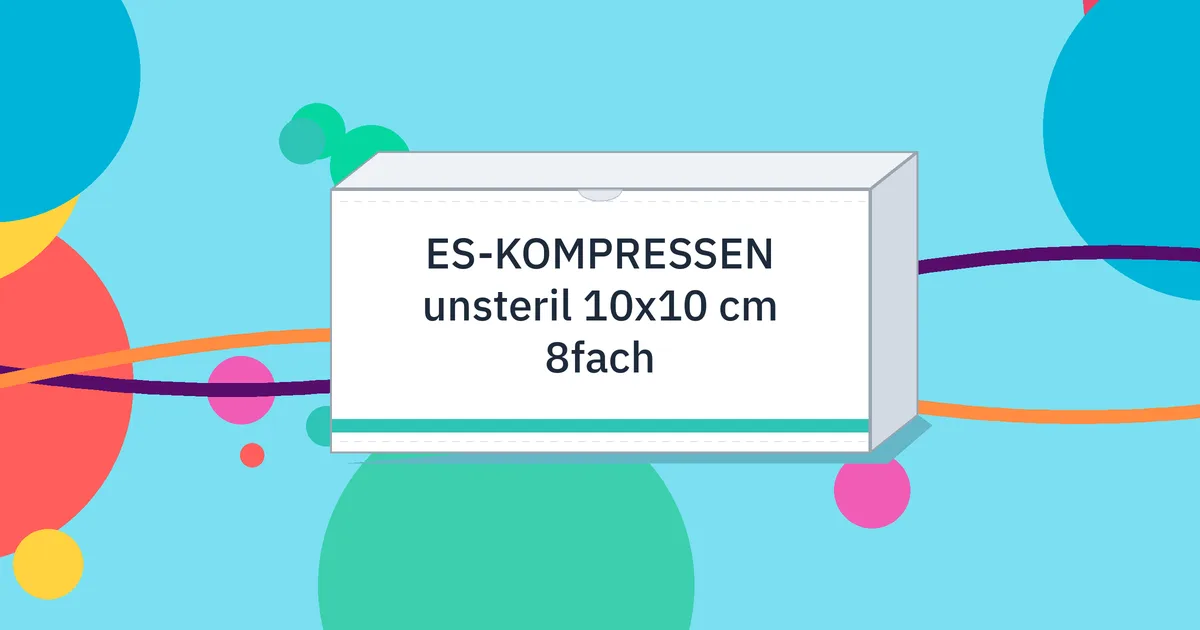 Symbolbild: Packung mit der Aufschrift ES-KOMPRESSEN unsteril 10x10 cm 8fach (PZN 18715780) – Verfügbarkeit und Bezug in Apotheken in Frankfurt am Main