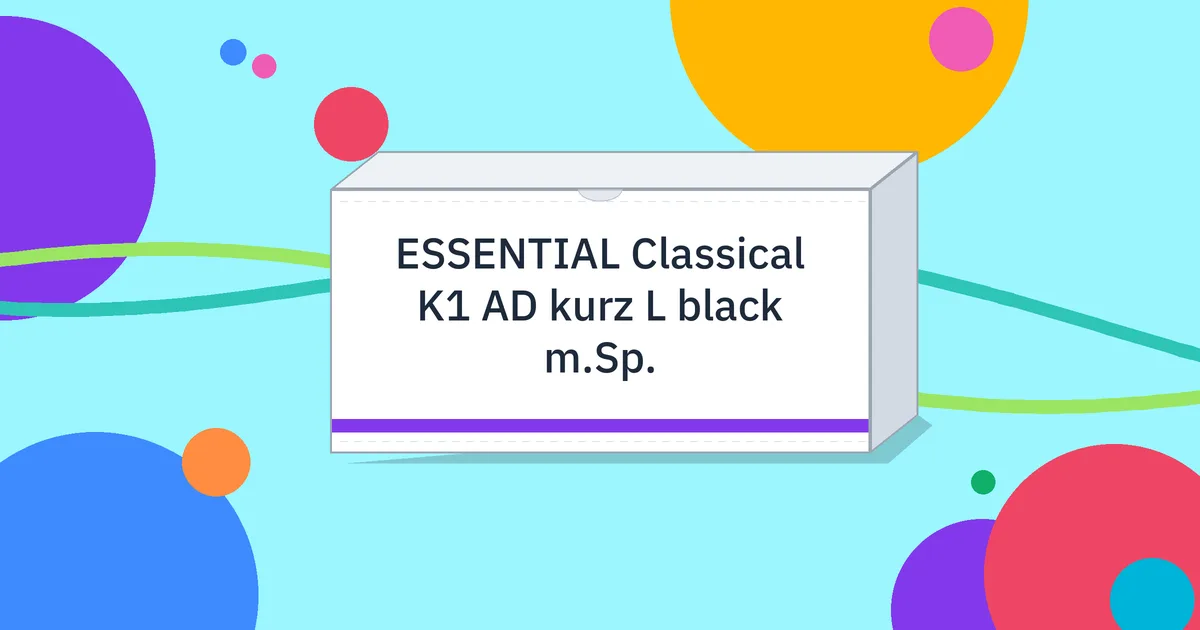 Symbolbild: Packung mit der Aufschrift ESSENTIAL Classical K1 AD kurz L black m.Sp. (PZN 16999922) – Verfügbarkeit und Bezug in Apotheken in Frankfurt am Main