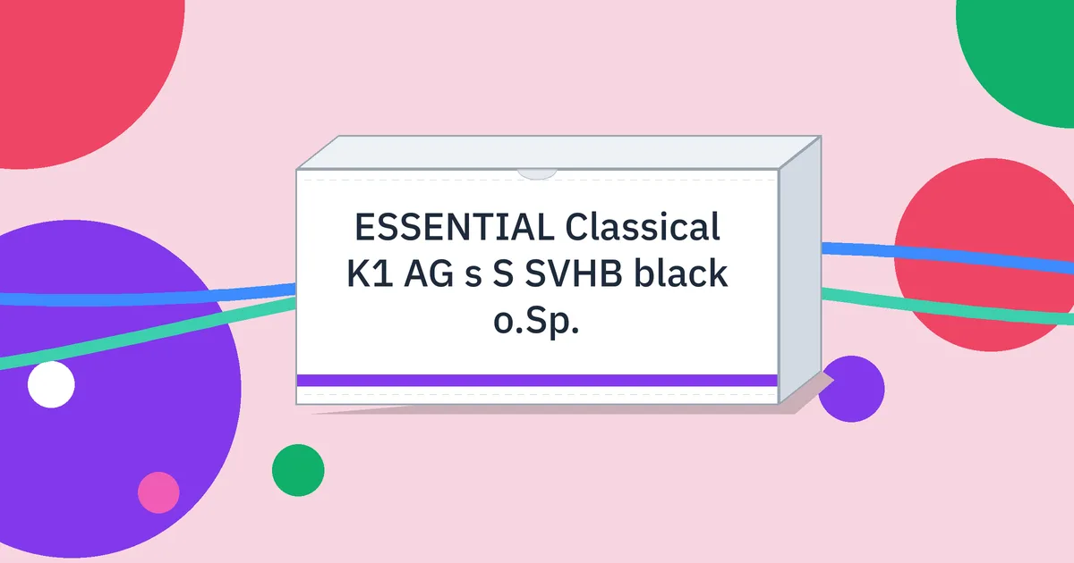 Symbolbild: Packung mit der Aufschrift ESSENTIAL Classical K1 AG s S SVHB black o.Sp. (PZN 18420464) – Verfügbarkeit und Bezug in Apotheken in Frankfurt am Main