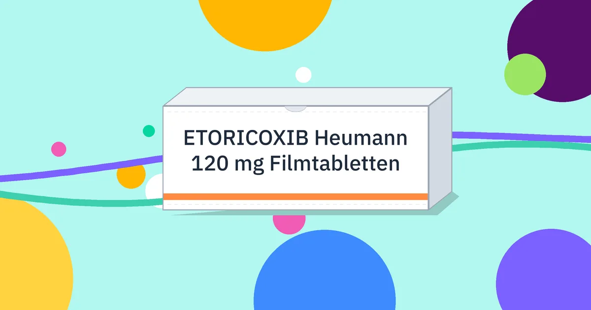 Symbolbild: Packung mit der Aufschrift ETORICOXIB Heumann 120 mg Filmtabletten (PZN 12545182) – Verfügbarkeit und Bezug in Apotheken in Frankfurt am Main