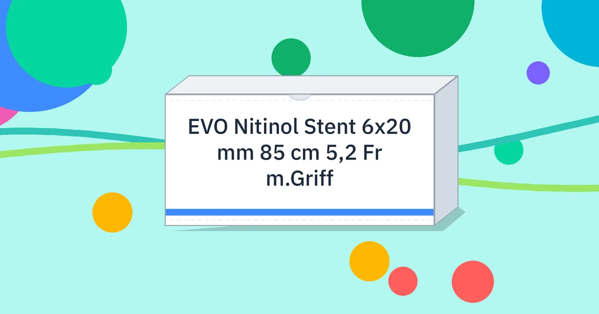 Symbolbild: Packung mit der Aufschrift EVO Nitinol Stent 6x20 mm 85 cm 5,2 Fr m.Griff (PZN 00223243) – Verfügbarkeit und Bezug in Apotheken in Frankfurt am Main