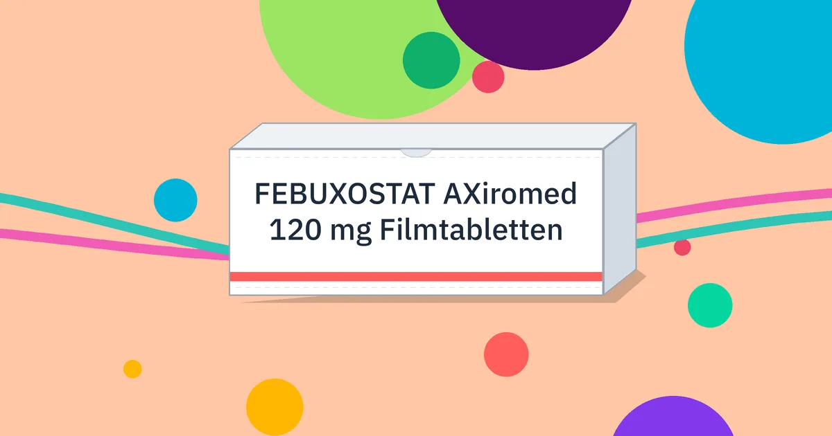 Symbolbild: Packung mit der Aufschrift FEBUXOSTAT AXiromed 120 mg Filmtabletten (PZN 15425099) – Verfügbarkeit und Bezug in Apotheken in Frankfurt am Main