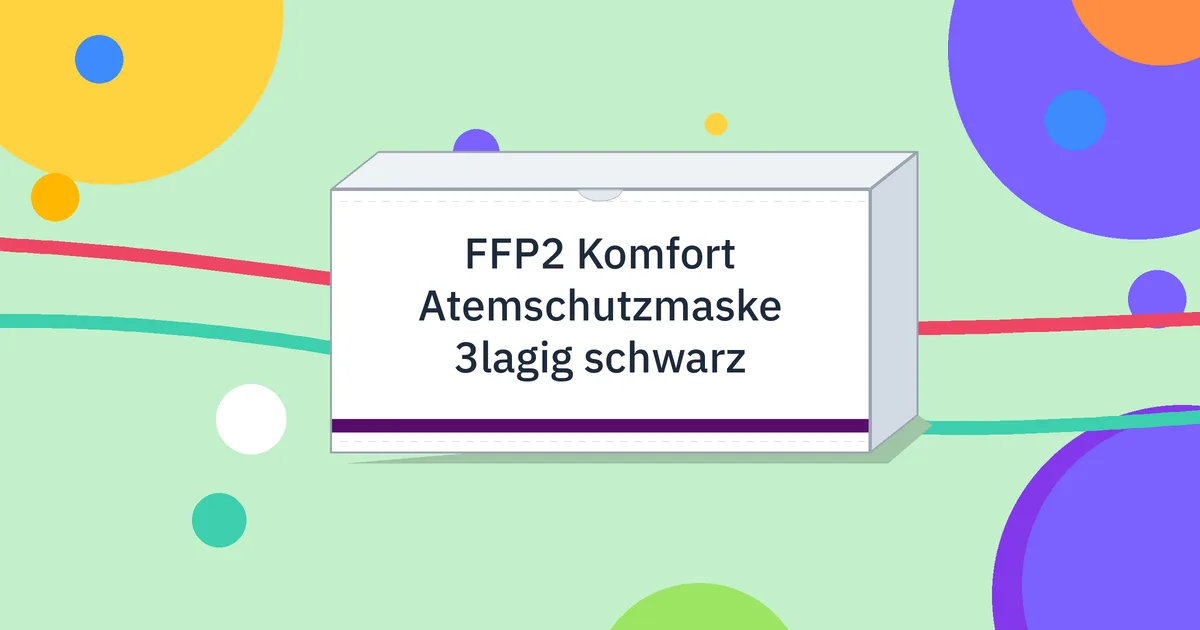 Symbolbild: Packung mit der Aufschrift FFP2 Komfort Atemschutzmaske 3lagig schwarz (PZN 18649557) – Verfügbarkeit und Bezug in Apotheken in Frankfurt am Main