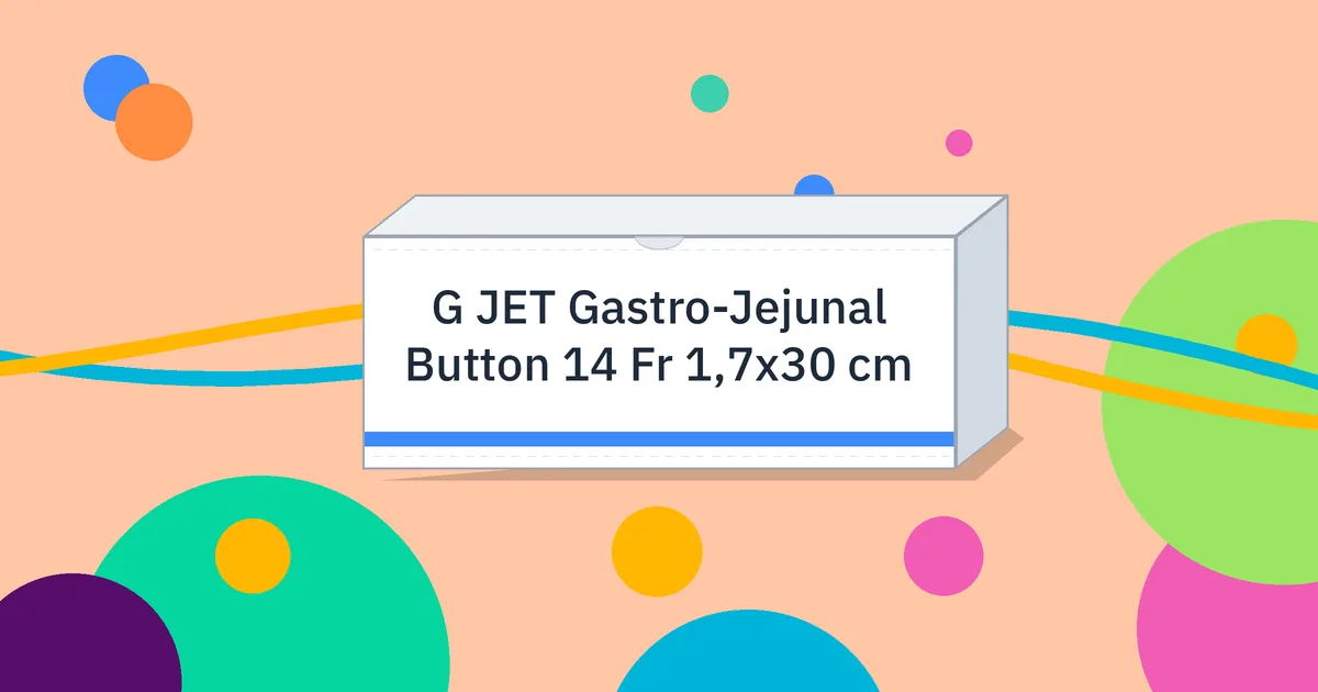 Symbolbild: Packung mit der Aufschrift G JET Gastro-Jejunal Button 14 Fr 1,7x30 cm (PZN 14342750) – Verfügbarkeit und Bezug in Apotheken in Frankfurt am Main