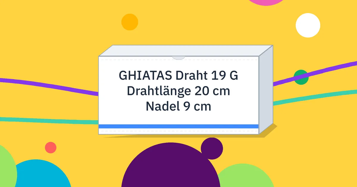 Symbolbild: Packung mit der Aufschrift GHIATAS Draht 19 G Drahtlänge 20 cm Nadel 9 cm (PZN 03566185) – Verfügbarkeit und Bezug in Apotheken in Frankfurt am Main