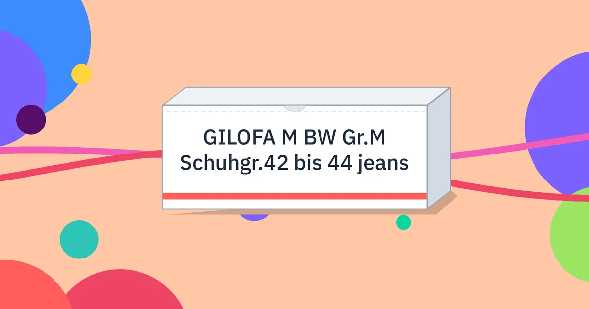 Symbolbild: Packung mit der Aufschrift GILOFA M BW Gr.M Schuhgr.42 bis 44 jeans (PZN 16724912) – Verfügbarkeit und Bezug in Apotheken in Frankfurt am Main
