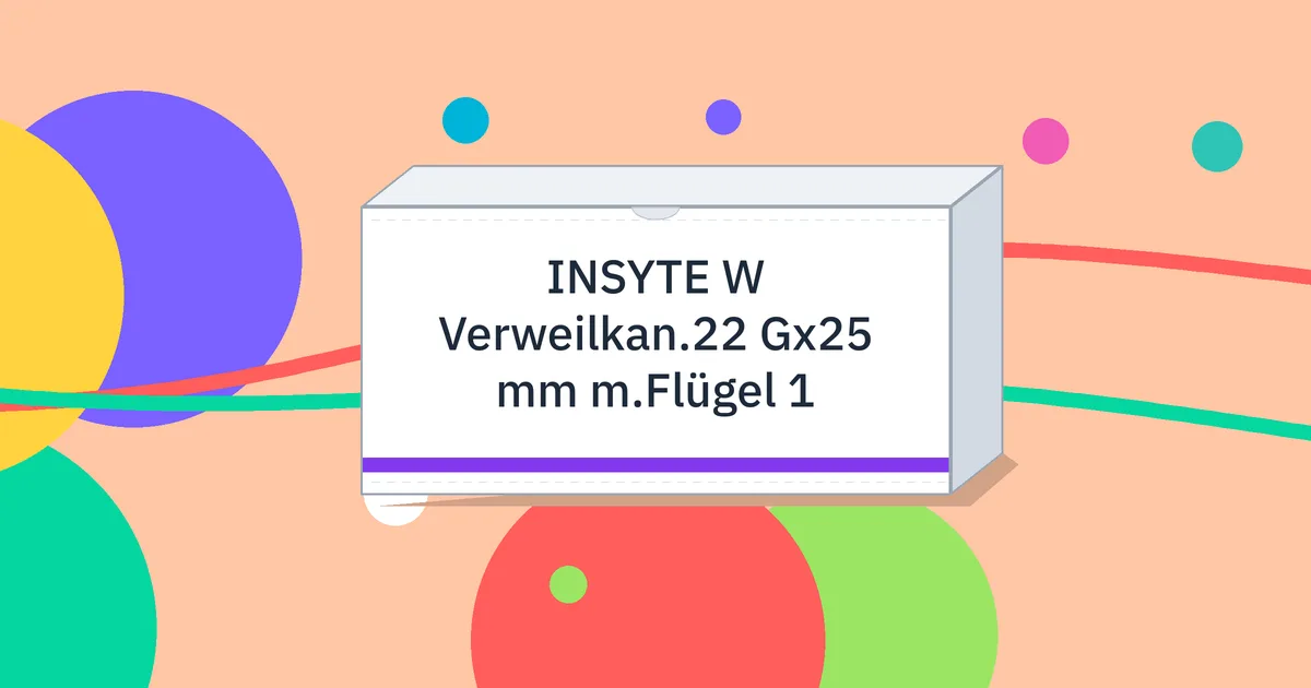 Symbolbild: Packung mit der Aufschrift INSYTE W Verweilkan.22 Gx25 mm m.Flügel 1 (PZN 13871297) – Verfügbarkeit und Bezug in Apotheken in Frankfurt am Main
