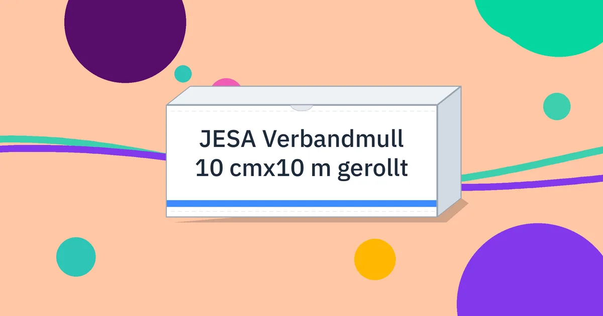 Symbolbild: Packung mit der Aufschrift JESA Verbandmull 10 cmx10 m gerollt (PZN 11152925) – Verfügbarkeit und Bezug in Apotheken in Frankfurt am Main