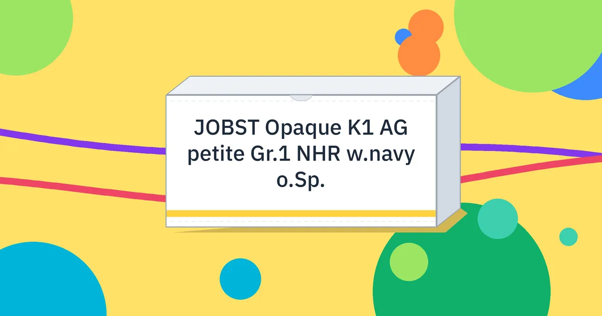 Symbolbild: Packung mit der Aufschrift JOBST Opaque K1 AG petite Gr.1 NHR w.navy o.Sp. (PZN 13088479) – Verfügbarkeit und Bezug in Apotheken in Frankfurt am Main