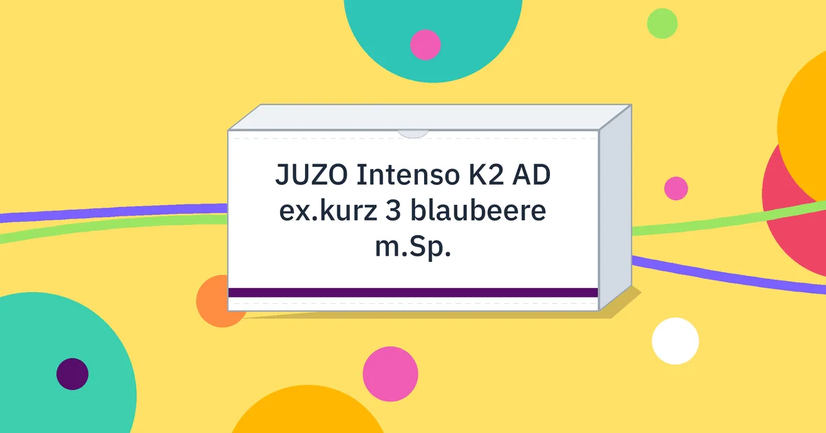 Symbolbild: Packung mit der Aufschrift JUZO Intenso K2 AD ex.kurz 3 blaubeere m.Sp. (PZN 18608110) – Verfügbarkeit und Bezug in Apotheken in Frankfurt am Main