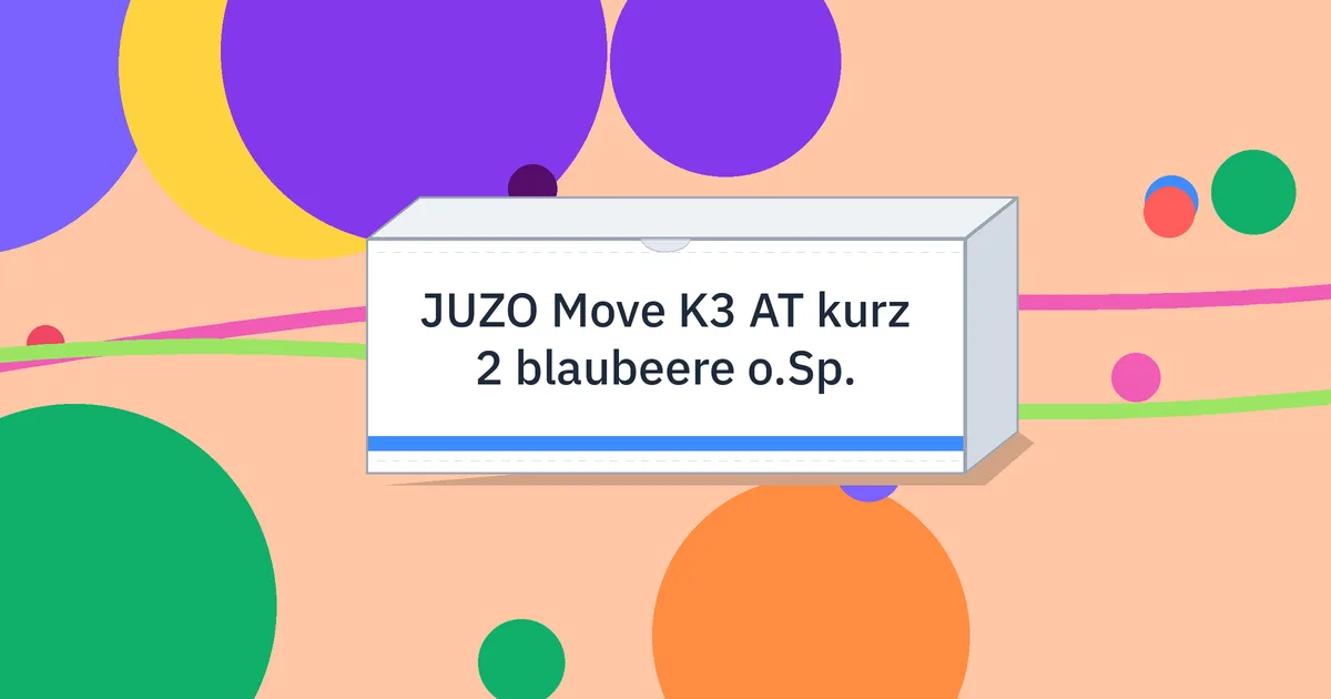 Symbolbild: Packung mit der Aufschrift JUZO Move K3 AT kurz 2 blaubeere o.Sp. (PZN 20684727) – Verfügbarkeit und Bezug in Apotheken in Frankfurt am Main