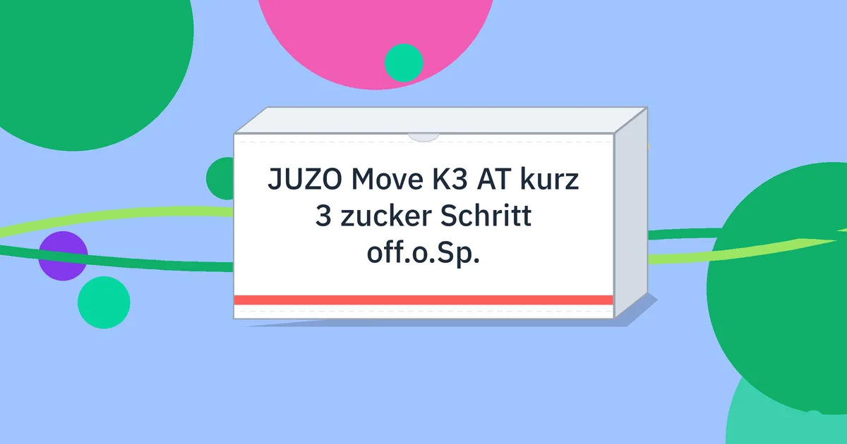Symbolbild: Packung mit der Aufschrift JUZO Move K3 AT kurz 3 zucker Schritt off.o.Sp. (PZN 20684963) – Verfügbarkeit und Bezug in Apotheken in Frankfurt am Main