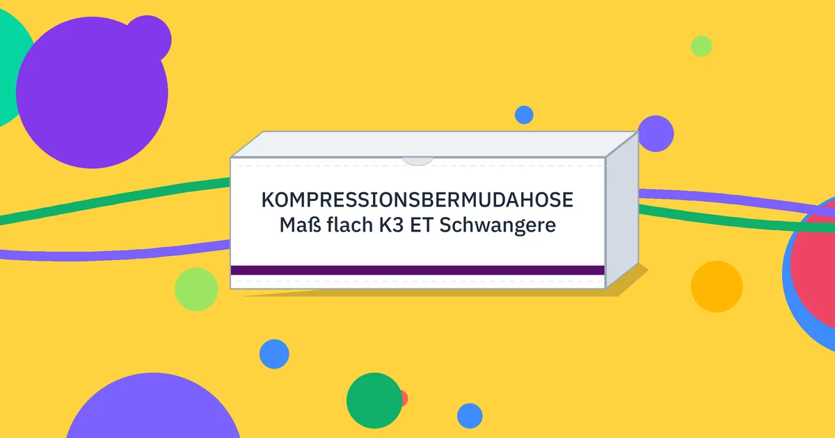 Symbolbild: Packung mit der Aufschrift KOMPRESSIONSBERMUDAHOSE Maß flach K3 ET Schwangere (PZN 16745966) – Verfügbarkeit und Bezug in Apotheken in Frankfurt am Main