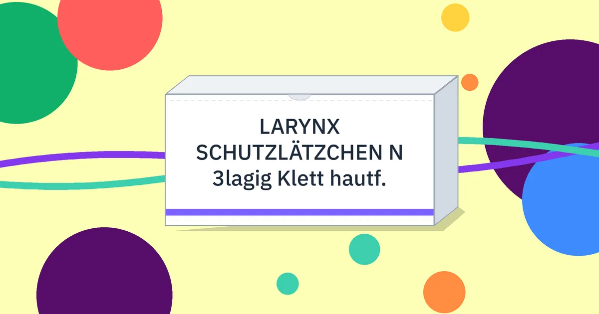Symbolbild: Packung mit der Aufschrift LARYNX SCHUTZLÄTZCHEN N 3lagig Klett hautf. (PZN 00140267) – Verfügbarkeit und Bezug in Apotheken in Frankfurt am Main