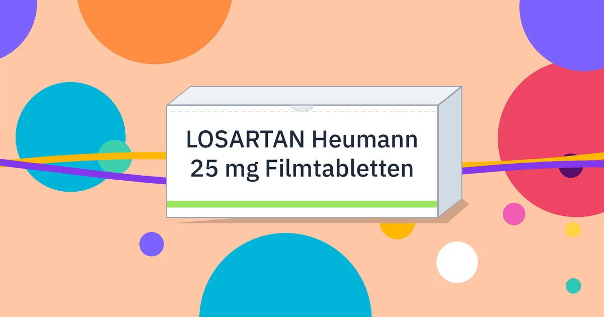 Symbolbild: Packung mit der Aufschrift LOSARTAN Heumann 25 mg Filmtabletten (PZN 12658242) – Verfügbarkeit und Bezug in Apotheken in Frankfurt am Main