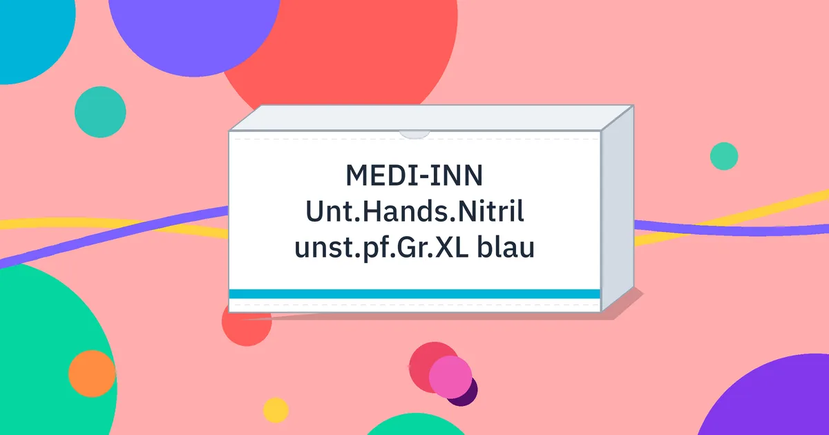 Symbolbild: Packung mit der Aufschrift MEDI-INN Unt.Hands.Nitril unst.pf.Gr.XL blau (PZN 07192480) – Verfügbarkeit und Bezug in Apotheken in Frankfurt am Main
