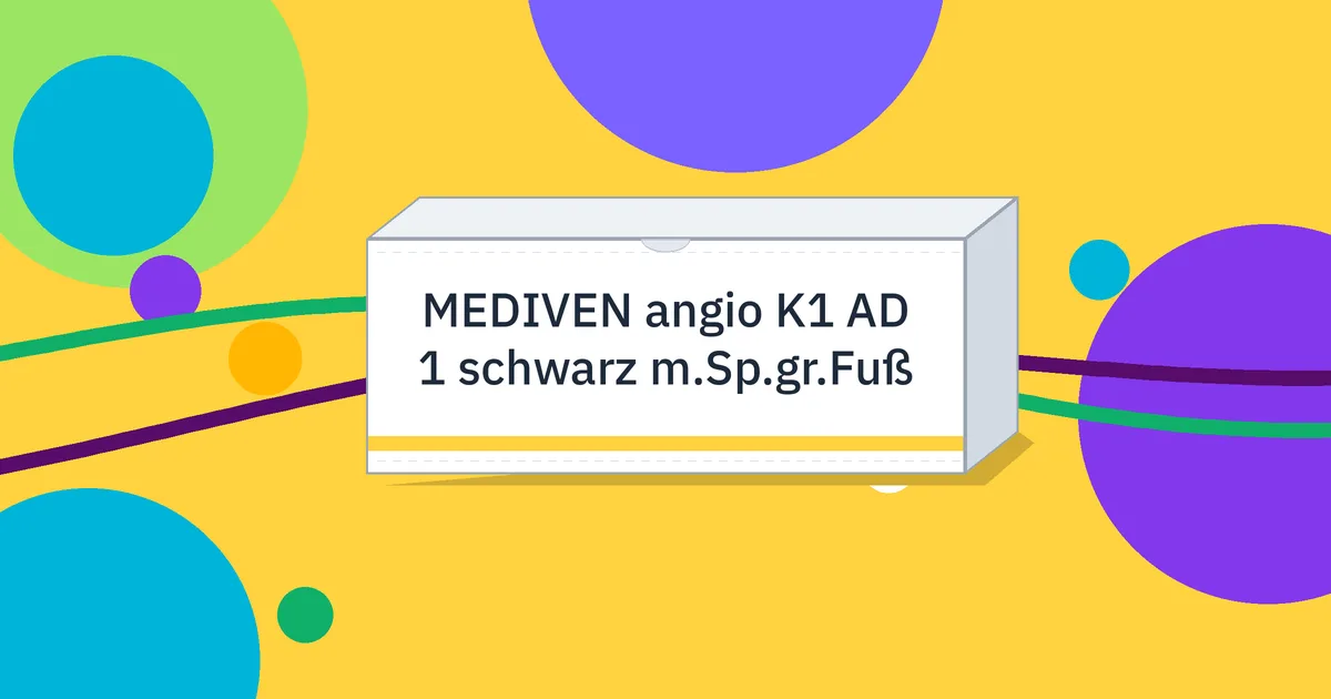 Symbolbild: Packung mit der Aufschrift MEDIVEN angio K1 AD 1 schwarz m.Sp.gr.Fuß (PZN 17210167) – Verfügbarkeit und Bezug in Apotheken in Frankfurt am Main