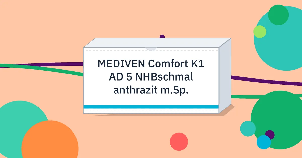 Symbolbild: Packung mit der Aufschrift MEDIVEN Comfort K1 AD 5 NHBschmal anthrazit m.Sp. (PZN 14561268) – Verfügbarkeit und Bezug in Apotheken in Frankfurt am Main