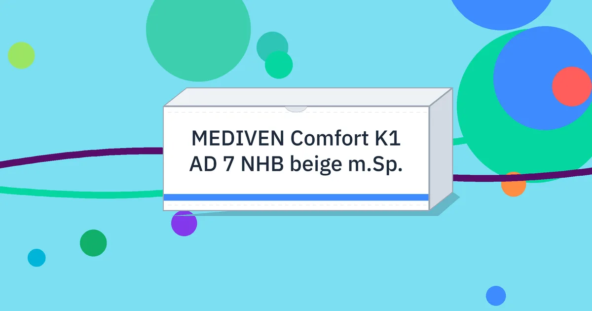 Symbolbild: Packung mit der Aufschrift MEDIVEN Comfort K1 AD 7 NHB beige m.Sp. (PZN 14560754) – Verfügbarkeit und Bezug in Apotheken in Frankfurt am Main