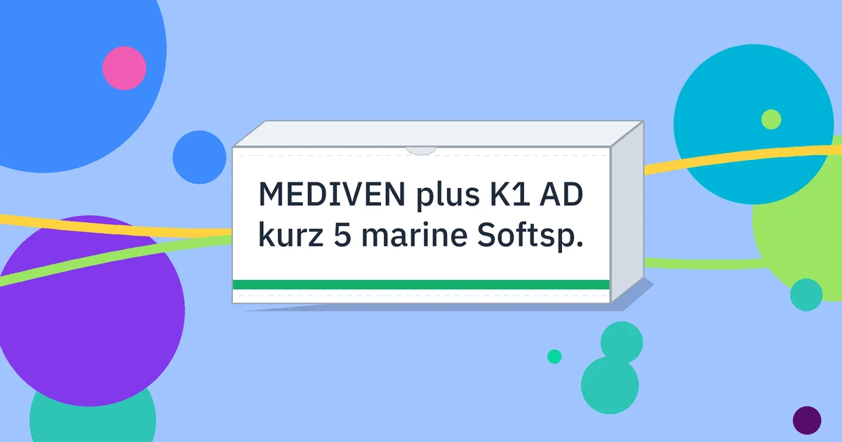 Symbolbild: Packung mit der Aufschrift MEDIVEN plus K1 AD kurz 5 marine Softsp. (PZN 15043624) – Verfügbarkeit und Bezug in Apotheken in Frankfurt am Main