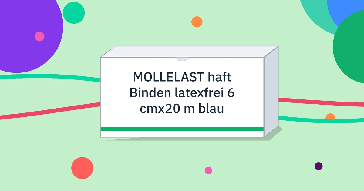Symbolbild: Packung mit der Aufschrift MOLLELAST haft Binden latexfrei 6 cmx20 m blau (PZN 15430580) – Verfügbarkeit und Bezug in Apotheken in Frankfurt am Main