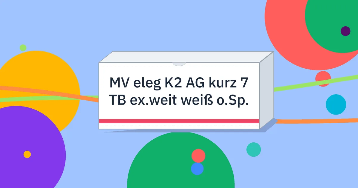 Symbolbild: Packung mit der Aufschrift MV eleg K2 AG kurz 7 TB ex.weit weiß o.Sp. (PZN 09880669) – Verfügbarkeit und Bezug in Apotheken in Frankfurt am Main