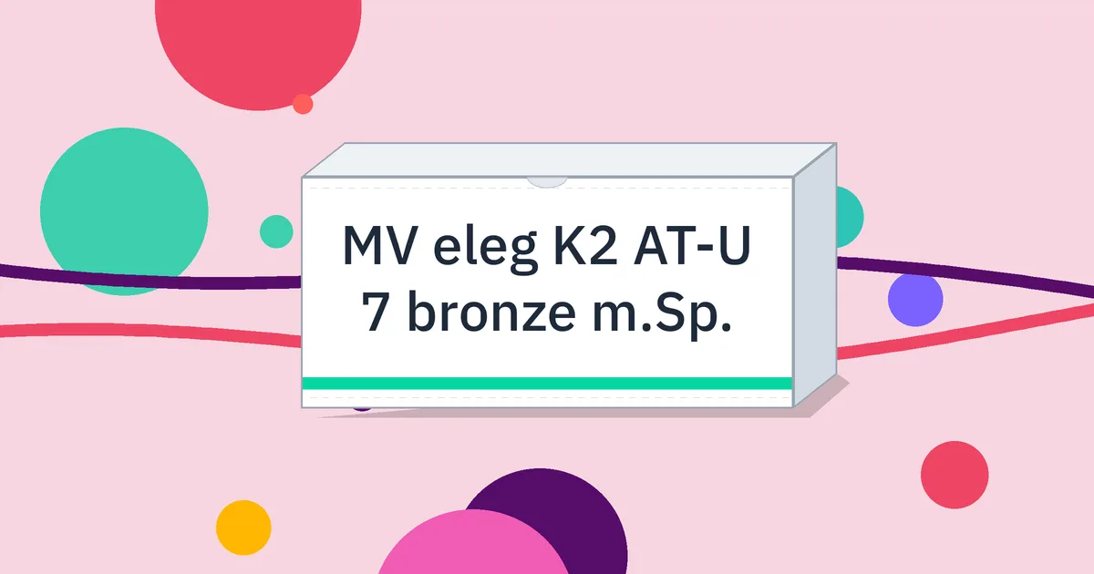 Symbolbild: Packung mit der Aufschrift MV eleg K2 AT-U 7 bronze m.Sp. (PZN 15288567) – Verfügbarkeit und Bezug in Apotheken in Frankfurt am Main