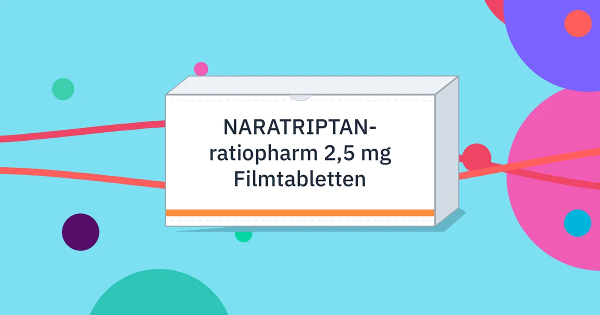 Symbolbild: Packung mit der Aufschrift NARATRIPTAN-ratiopharm 2,5 mg Filmtabletten (PZN 09318554) – Verfügbarkeit und Bezug in Apotheken in Frankfurt am Main