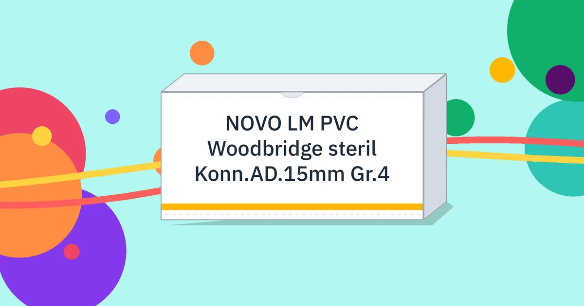 Symbolbild: Packung mit der Aufschrift NOVO LM PVC Woodbridge steril Konn.AD.15mm Gr.4 (PZN 18491820) – Verfügbarkeit und Bezug in Apotheken in Frankfurt am Main
