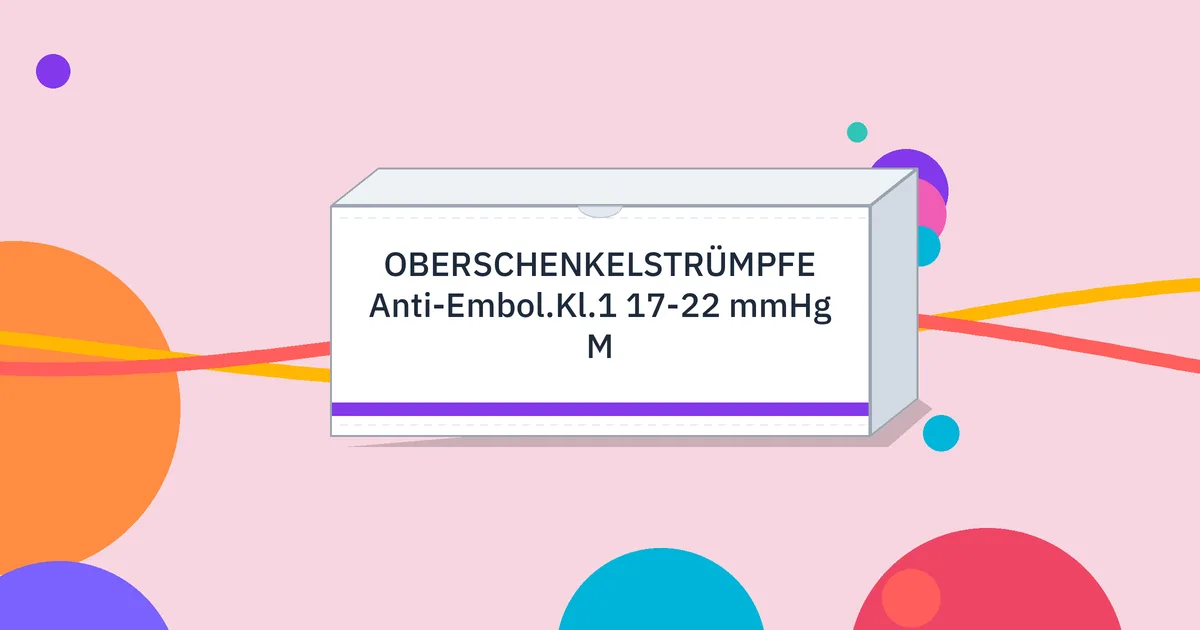 Symbolbild: Packung mit der Aufschrift OBERSCHENKELSTRÜMPFE Anti-Embol.Kl.1 17-22 mmHg M (PZN 19072686) – Verfügbarkeit und Bezug in Apotheken in Frankfurt am Main