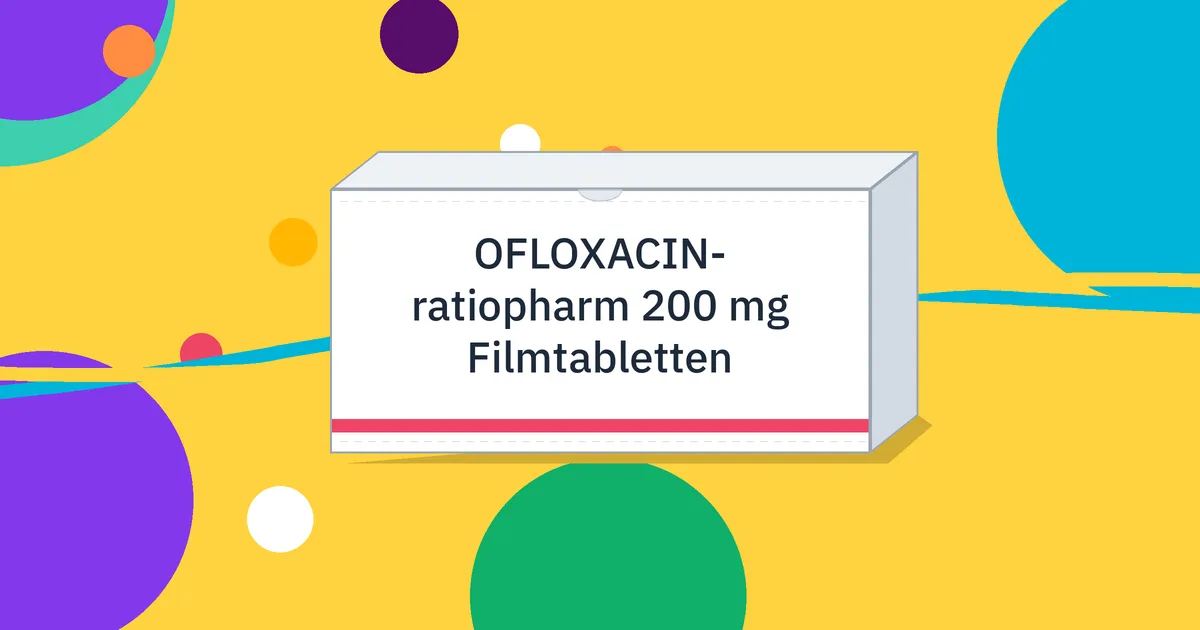 Symbolbild: Packung mit der Aufschrift OFLOXACIN-ratiopharm 200 mg Filmtabletten (PZN 01567401) – Verfügbarkeit und Bezug in Apotheken in Frankfurt am Main