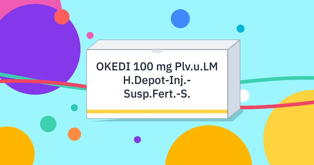 Symbolbild: Packung mit der Aufschrift OKEDI 100 mg Plv.u.LM H.Depot-Inj.-Susp.Fert.-S. (PZN 19192479) – Verfügbarkeit und Bezug in Apotheken in Frankfurt am Main