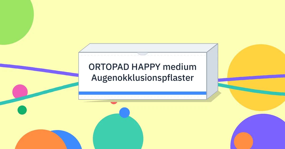Symbolbild: Packung mit der Aufschrift ORTOPAD HAPPY medium Augenokklusionspflaster (PZN 03386715) – Verfügbarkeit und Bezug in Apotheken in Frankfurt am Main