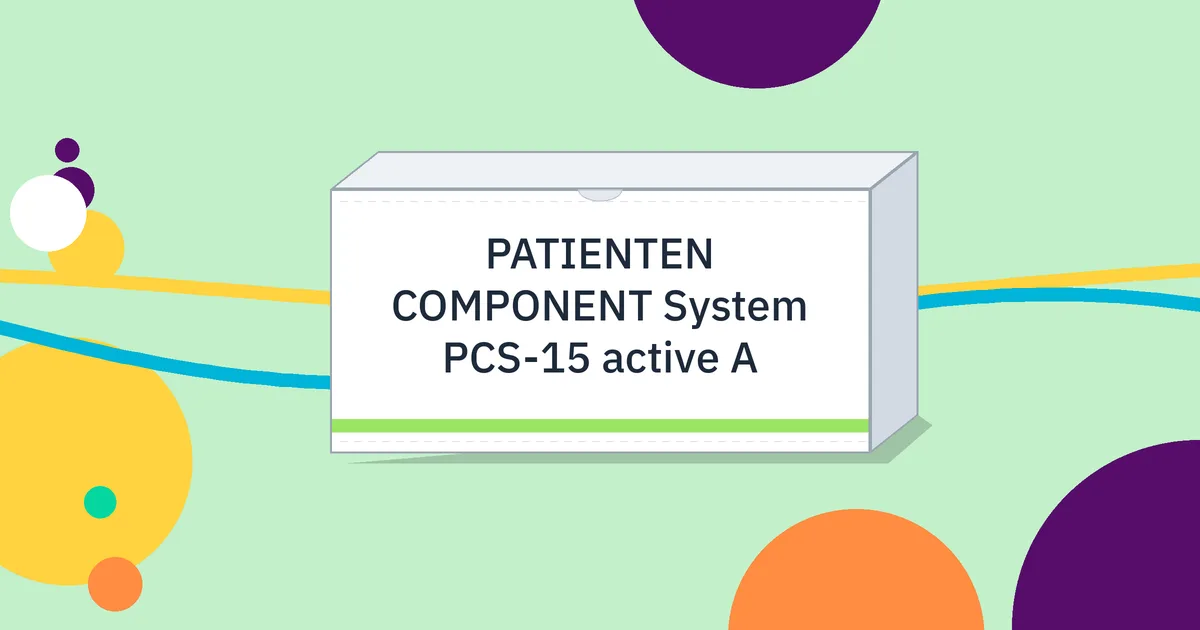 Symbolbild: Packung mit der Aufschrift PATIENTEN COMPONENT System PCS-15 active A (PZN 18601295) – Verfügbarkeit und Bezug in Apotheken in Frankfurt am Main
