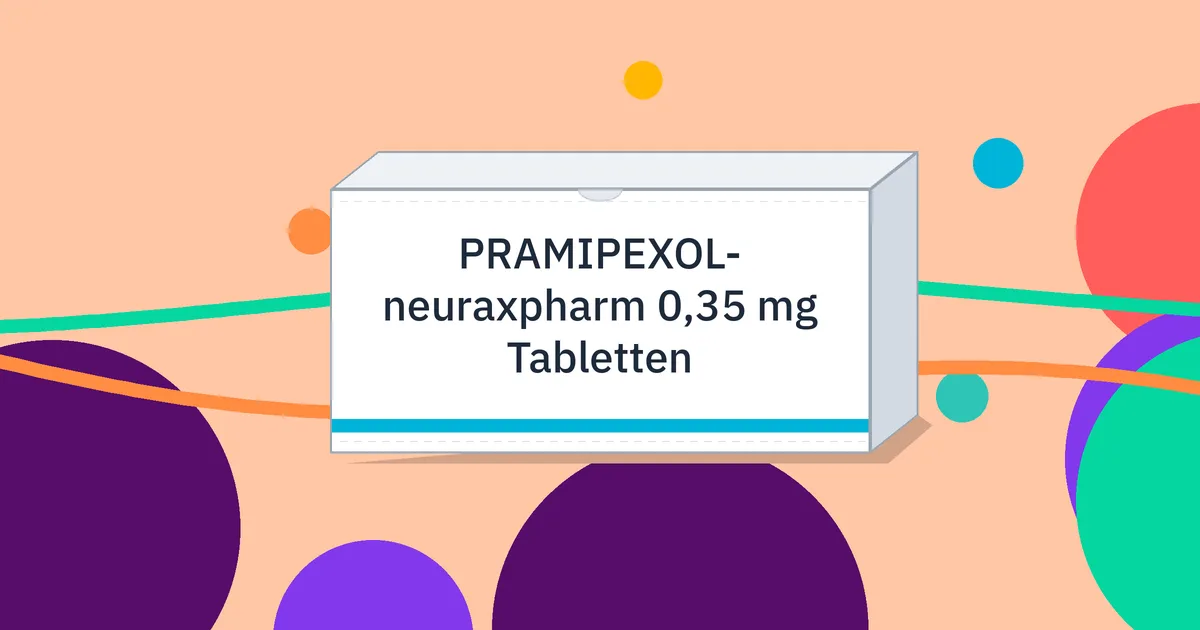 Symbolbild: Packung mit der Aufschrift PRAMIPEXOL-neuraxpharm 0,35 mg Tabletten (PZN 07408980) – Verfügbarkeit und Bezug in Apotheken in Frankfurt am Main