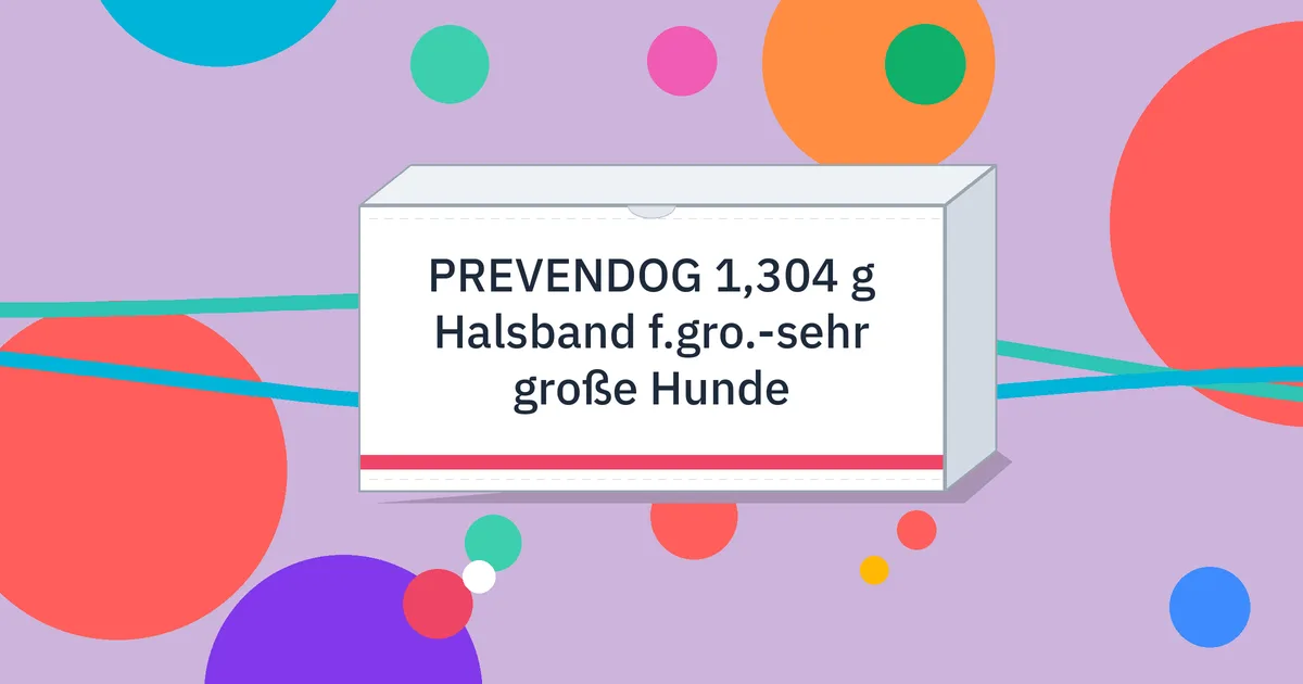 Symbolbild: Packung mit der Aufschrift PREVENDOG 1,304 g Halsband f.gro.-sehr große Hunde (PZN 16348082) – Verfügbarkeit und Bezug in Apotheken in Frankfurt am Main